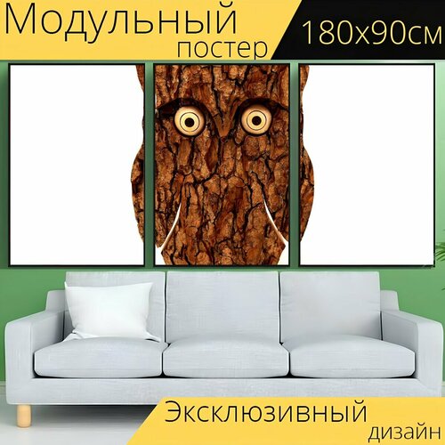 Модульный постер "Сова, кора дерева, животное" 180 x 90 см. для интерьера