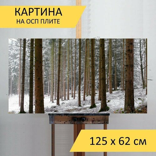Картина на ОСП 125х62 см. "Зима, лес, снег" горизонтальная, для интерьера, с креплениями