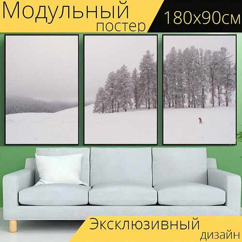 Модульный постер "Снег, деревья, поле" 180 x 90 см. для интерьера