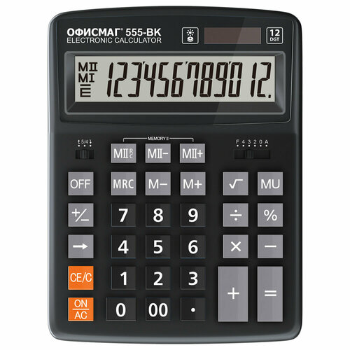 Калькулятор настольный офисмаг 12-BK (206x155мм), 12 разрядов, дв. питание, черный, 271729
