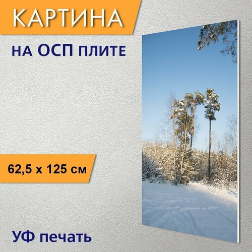 Вертикальная картина на ОСП "Зима, снег, лес" 62x125 см. для интерьериа
