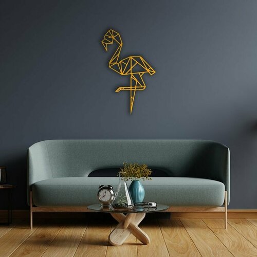 Декоративное панно деревянное, Фламинго геометрия (матовое золото)