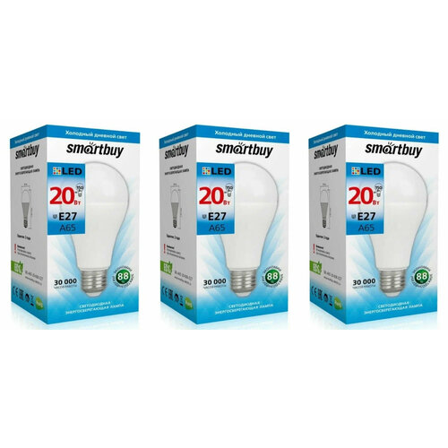Лампа светодиодная Smartbuy LED A65 20W 6000К E27, холодный свет, 3 шт