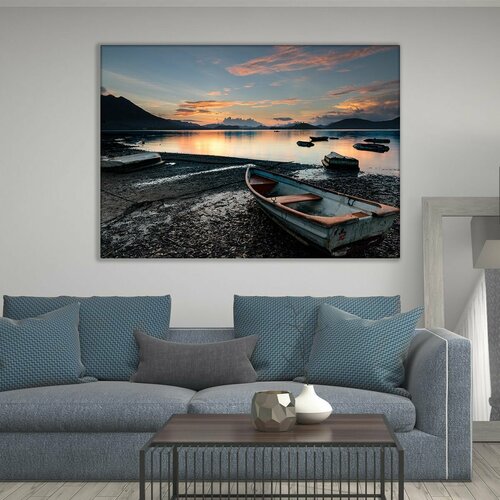 Картина на холсте (Лодка на берегу горного озера) 40 60 см/ для интерьера/в комнату/на стену/в подарок