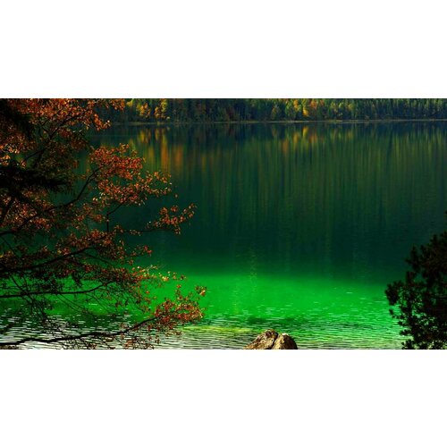 Картина на холсте 110x60 LinxOne "Озеро отражение осень деревья" интерьерная для дома / на стену / на кухню / с подрамником