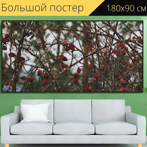 Большой постер "Шиповник, русская зима, природа" 180 x 90 см. для интерьера
