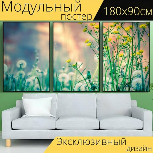 Модульный постер "Весна, цветочный луг, полевой цветок" 180 x 90 см. для интерьера