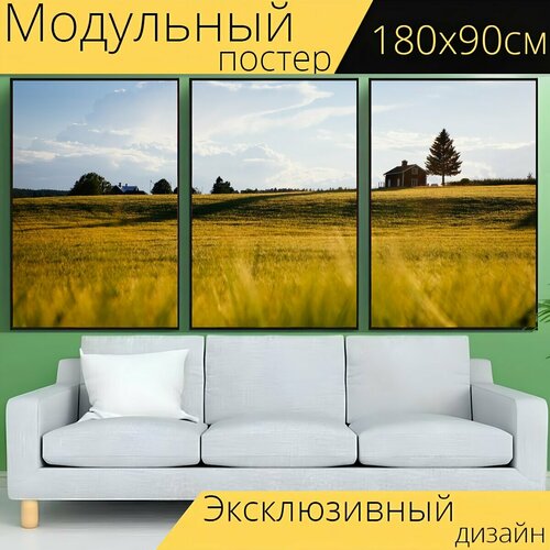 Модульный постер "Сарай, ферма, поле" 180 x 90 см. для интерьера