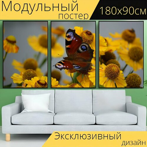 Модульный постер "Бабочка, чихающие, цветы" 180 x 90 см. для интерьера