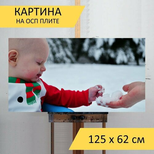 Картина на ОСП 125х62 см. "Снег, ребенок, мама" горизонтальная, для интерьера, с креплениями