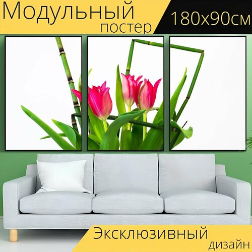 Модульный постер "Тюльпан, букет тюльпанов, весенний цветок" 180 x 90 см. для интерьера