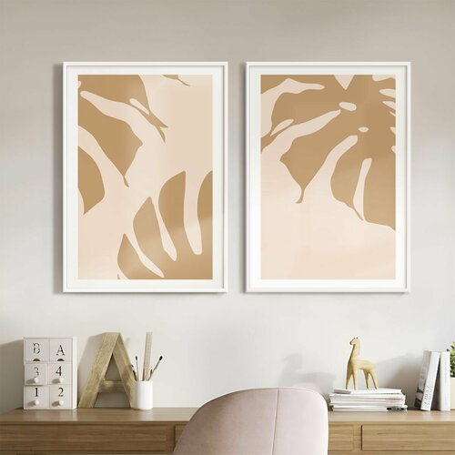 Плакат Постер 2 шт 40х50 без рамки "Листья пальмы на бежевом" набор картин для интерьера
