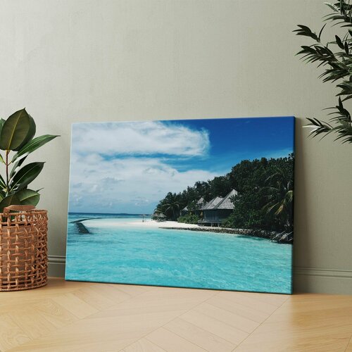 Картина на холсте (Отдых на Мальдивах пляж, бунгало, Ари атолл) 50x70 см. Интерьерная, на стену.