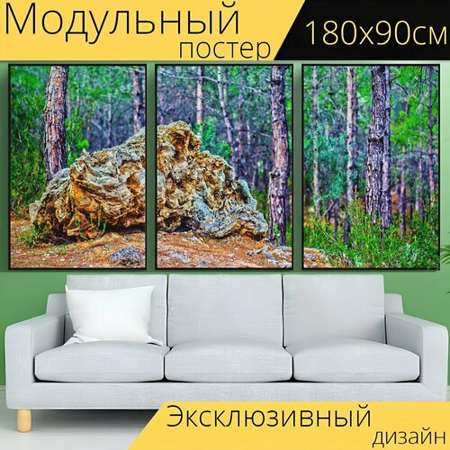 Модульный постер "Древесина, лес, камень" 180 x 90 см. для интерьера