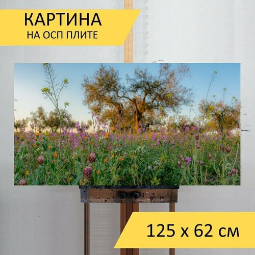 Картина на ОСП 125х62 см. "Цветы, поле, оливки" горизонтальная, для интерьера, с креплениями