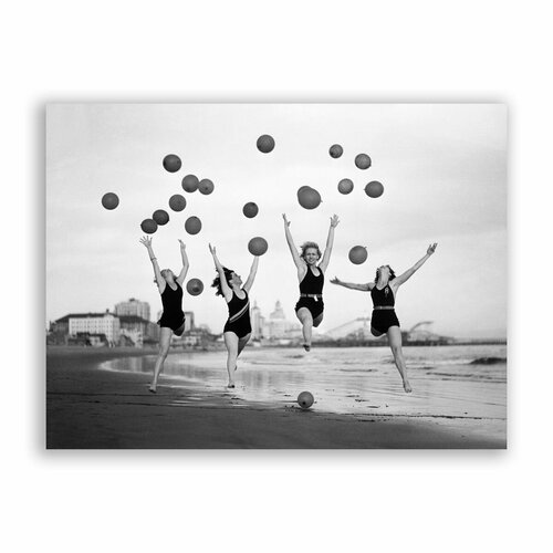 Постер, плакат на бумаге / Девушки на пляже с воздушными шарами / Размер 60 x 80 см