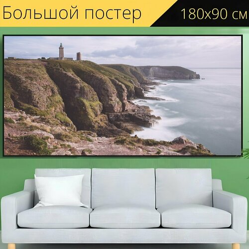 Большой постер "Морской берег, маяк, море" 180 x 90 см. для интерьера
