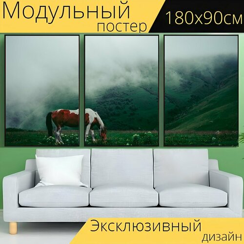 Модульный постер "Лошадь, туман, луг" 180 x 90 см. для интерьера