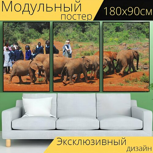 Модульный постер "Слоны, дети сироты, найроби" 180 x 90 см. для интерьера