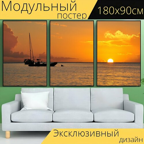 Модульный постер "Заход солнца, водное пространство, море" 180 x 90 см. для интерьера
