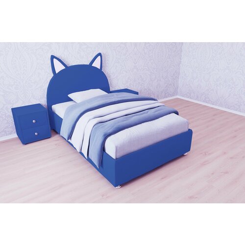 Односпальная кровать Китти 120x200 с подъемным механизмом и с коробом для белья велюр синий ножки 13 см хром