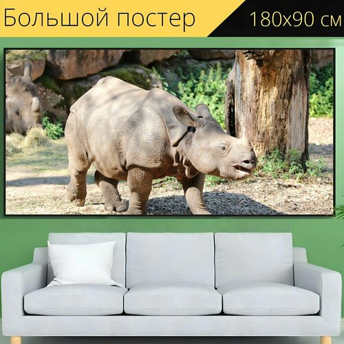 Большой постер "Дикая природа, носорог, индийский носорог" 180 x 90 см. для интерьера