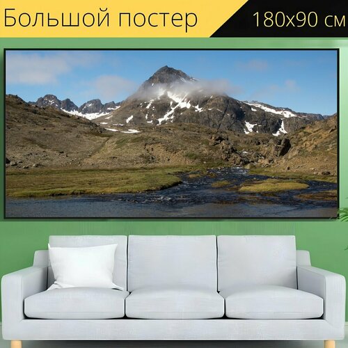 Большой постер "Гора, река, пейзаж" 180 x 90 см. для интерьера