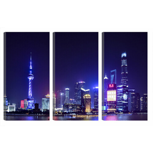 Большая модульная картина "Ночной Шанхай" PR-2062 (124x80см). Натуральный холст