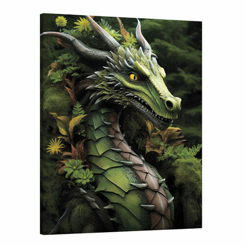 Интерьерная картина 50х70 "Зеленый деревянный дракон в мире фантазий"
