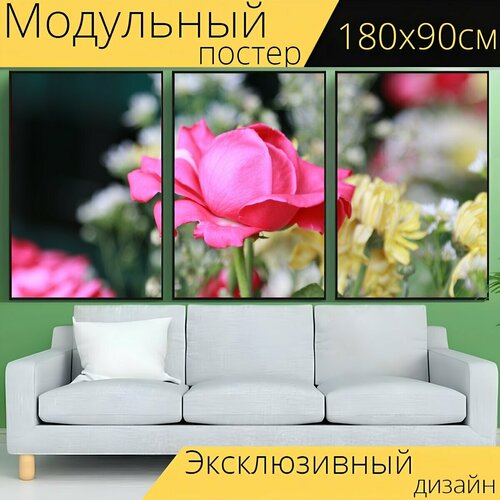 Модульный постер "Розы, розовый, цветок" 180 x 90 см. для интерьера