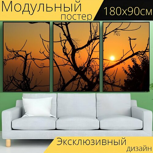 Модульный постер "Деревья, заход солнца, вечер" 180 x 90 см. для интерьера
