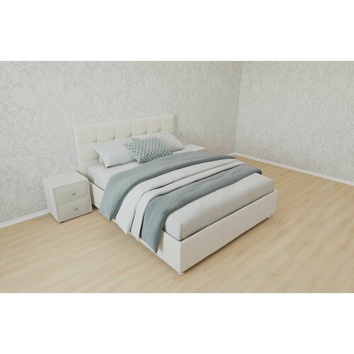 Двуспальная кровать Афина с матрасом 140x200 основание металлическое с ламелями велюр белый ножки 13 см хром