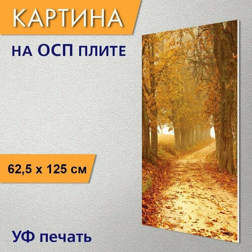 Вертикальная картина на ОСП "Осеннее настроение, дорожка, лес" 62x125 см. для интерьериа
