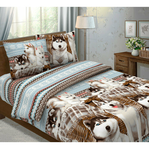 Комплект постельного белья собачки хаски, размер евро, хлопок, бязь, Элис Текстиль