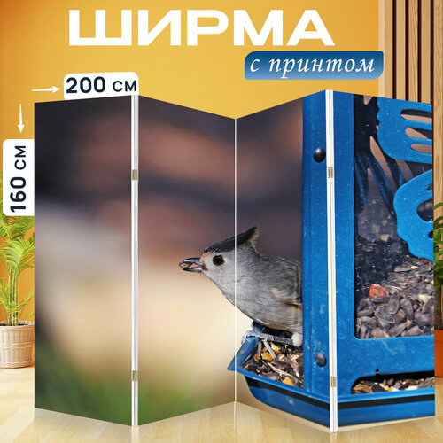Ширма перегородка с принтом "Кормушки для птиц, синий, птица" на холсте - 200x160 см. для зонирования, раскладная