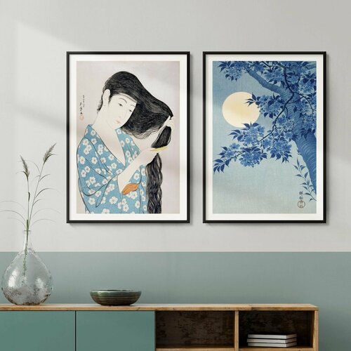 Плакат Постер 2 шт 50х70 без рамки "Гейша и луна" набор картин для интерьера