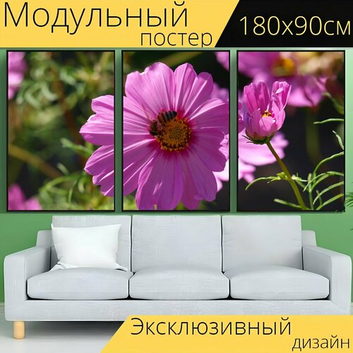 Модульный постер "Розовый цветок, пчела, природа" 180 x 90 см. для интерьера