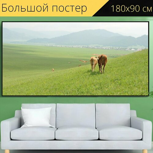Большой постер "Корова луг, долина, пастбище" 180 x 90 см. для интерьера