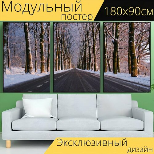 Модульный постер "Зима, дорога, снег" 180 x 90 см. для интерьера