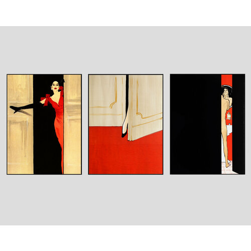 Набор ар деко плакатов в спальню Рене Грюо Романтика Шанель (3 шт размер A4)
