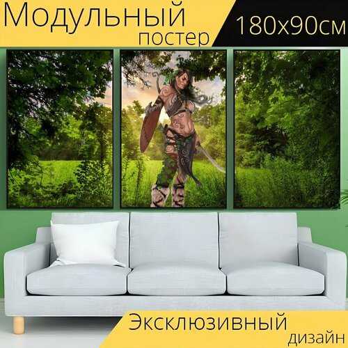 Модульный постер "Воин, лес, фантазия" 180 x 90 см. для интерьера