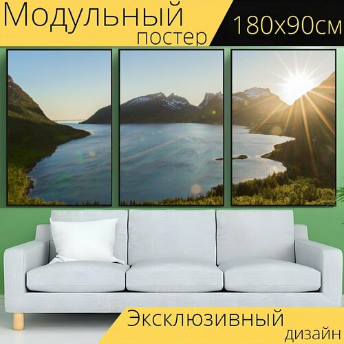 Модульный постер "Фьорд, горы, европа" 180 x 90 см. для интерьера