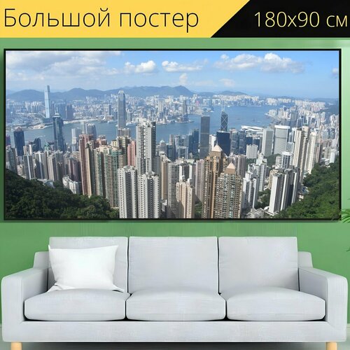 Большой постер "Гонконг, линия горизонта, мегаполис" 180 x 90 см. для интерьера