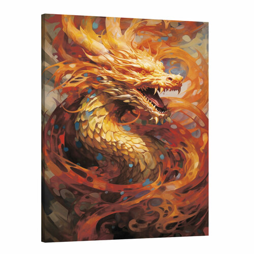 Интерьерная картина 50х70 "Деревянный дракон: страж магического портала"