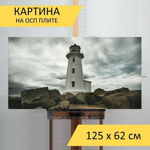 Картина на ОСП 125х62 см. "Пейзаж, маяк, морской берег" горизонтальная, для интерьера, с креплениями