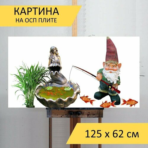 Картина на ОСП 125х62 см. "Гном, рыбы, пруд" горизонтальная, для интерьера, с креплениями