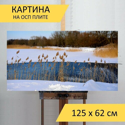 Картина на ОСП 125х62 см. "Вода, снег, трава" горизонтальная, для интерьера, с креплениями
