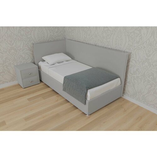Односпальная кровать Сеул 120x200 основание металлическое с ламелями велюр серый ножки 5 см угол правый
