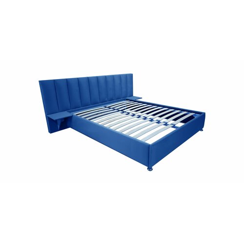 Двуспальная кровать Сидней 200x200 основание металлическое с ламелями велюр синий без ножек