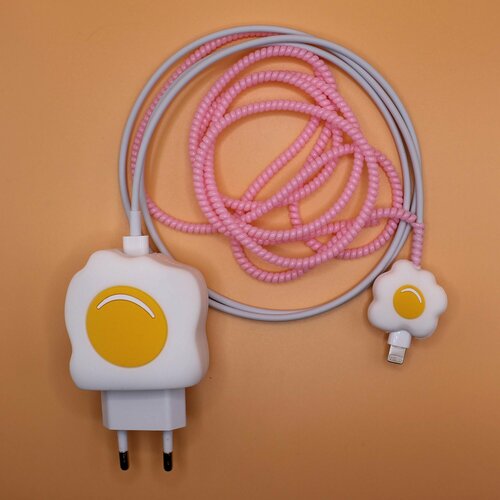 Комплект с обмоткой-спиралью для кабеля и защитный чехол для зарядки / защита кабеля от излома / Яичница (розовый)